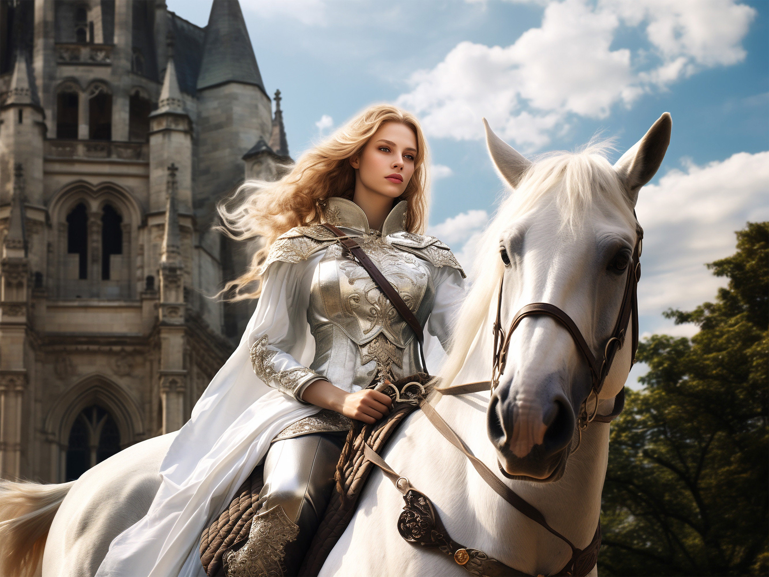 Warrior Woman Riding a White Horse Canvas Print, Beautiful Girl ...