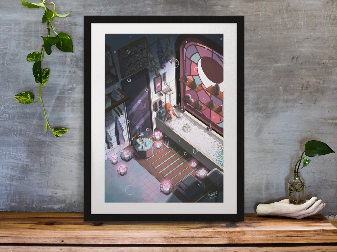Midnight Bath Anime Shoujo Aesthetic Illustration Home Wall Decor Art ...