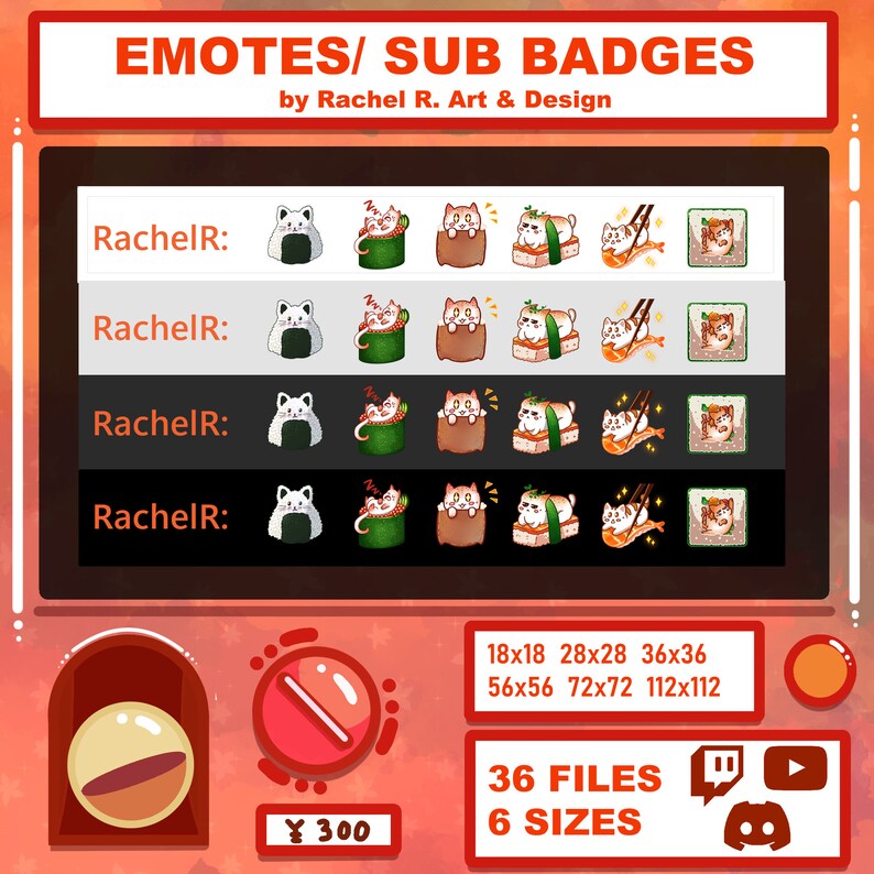 Sushi Cat Japan Emote Pack Twitch Discord Youtube Emotes Sub Badges ...