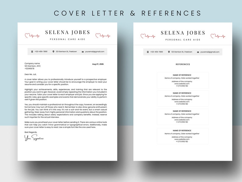 Editable Caregiver Resume Template, Cover Letter, References (MS Word ...