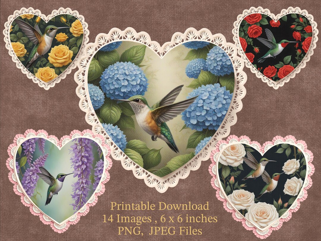 Vintage Valentine Hummingbird Hearts PNG Clipart and JPEG Fussy Cuts ...