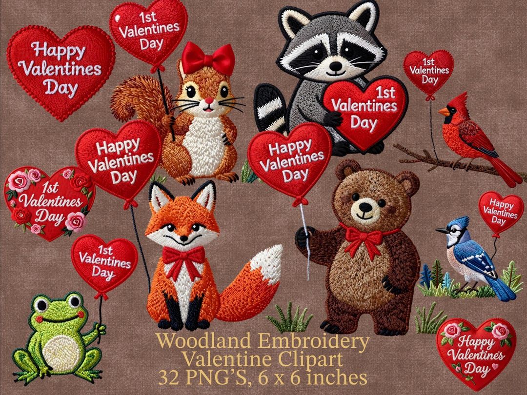 Valentine Woodland Animals Embroidery Clipart Png’s, Baby’s 1st ...