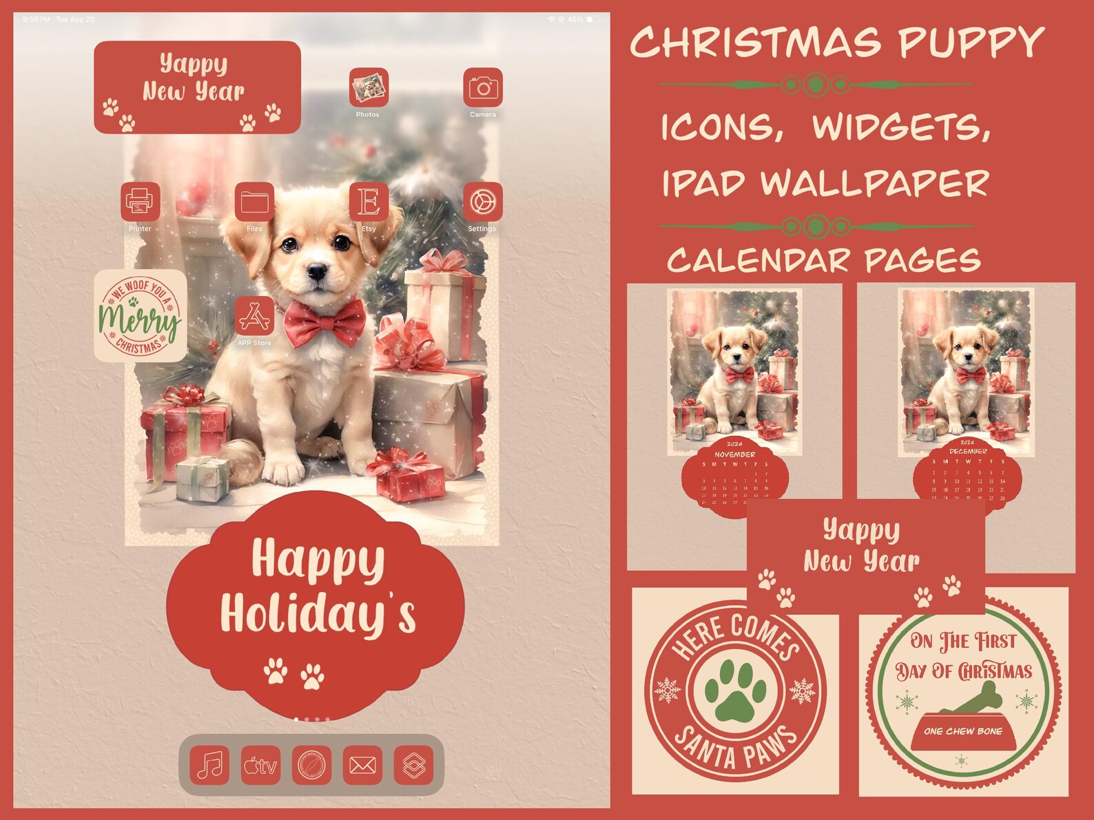 Christmas Puppy Wallpaper, Icons and Widgets QUICK SET. 12 Wallpapers ...