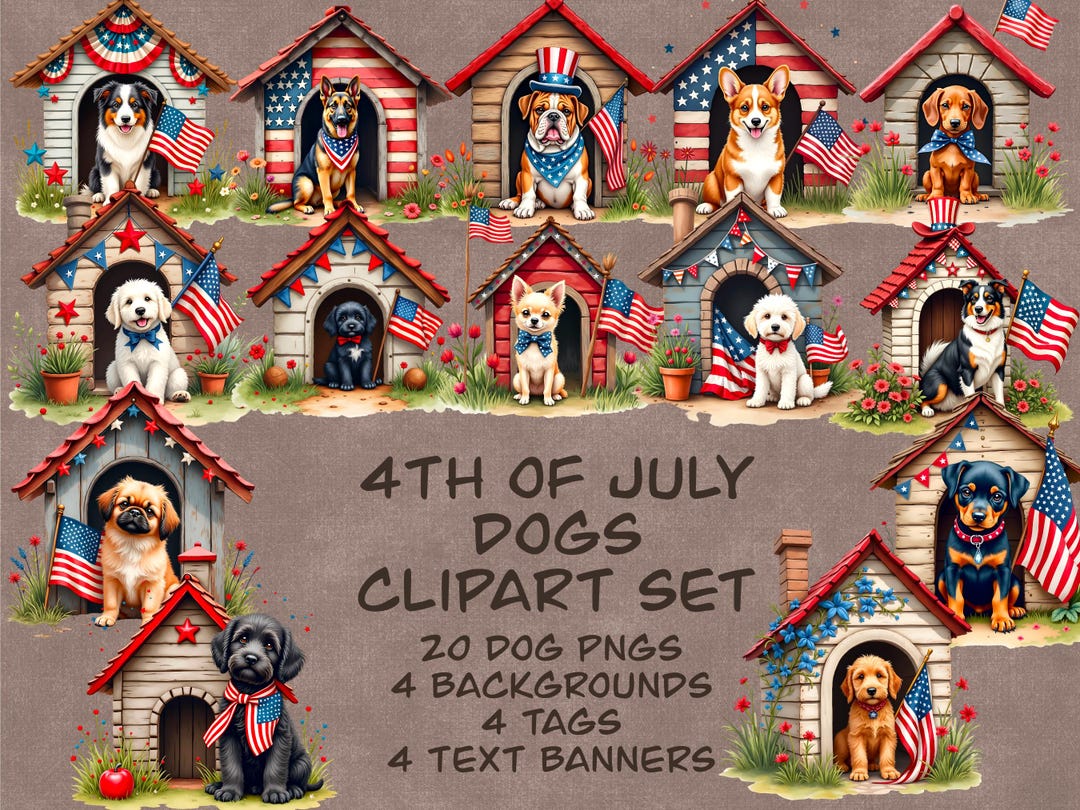 Patriotic Dogs 4th of July Watercolor Clipart Bundle, Cute Vintage Dogs ...