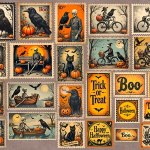 Vintage Halloween Postage Stamps, Halloween Clipart, Printable ...