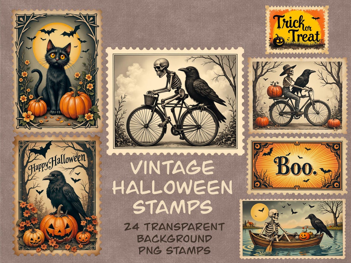 Vintage Halloween Postage Stamps, Halloween Clipart, Printable ...