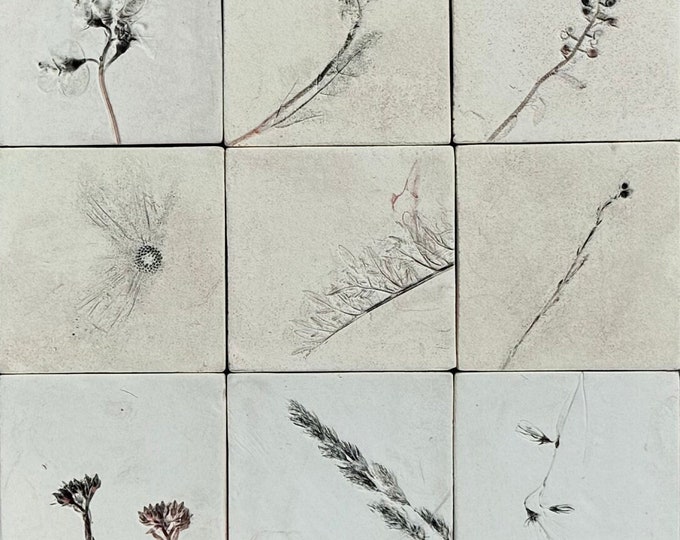9 Tiles Set, Handmade Ceramic Tiles With Real Plants Impressions ...