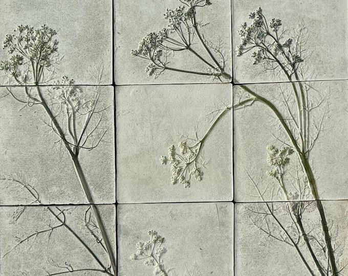9 Tiles Set, Handmade Ceramic Tiles With Real Plants Impressions ...