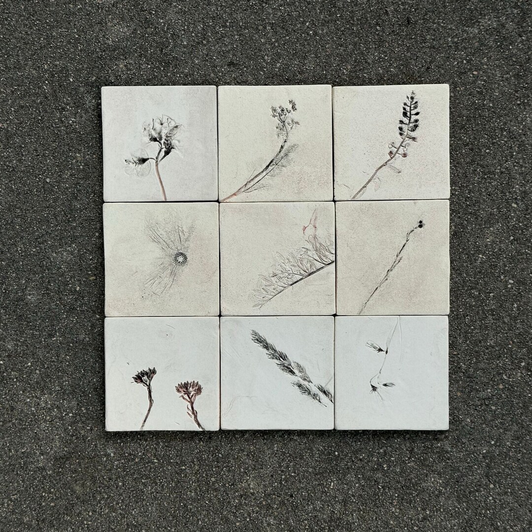 9 Tiles Set, Handmade Ceramic Tiles With Real Plants Impressions ...