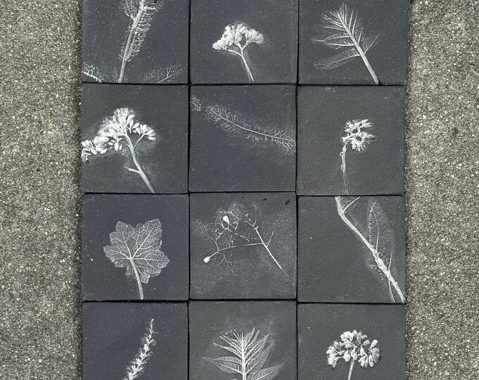 12 Tiles Set, Handmade Ceramic Tiles With Real Plants Impressions ...