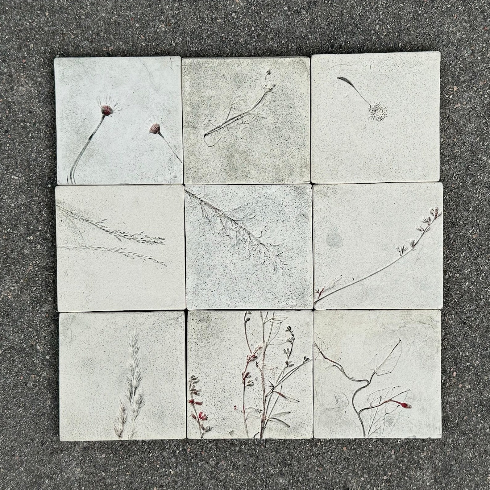 9 Tiles Set, Handmade Ceramic Tiles With Real Plants Impressions ...