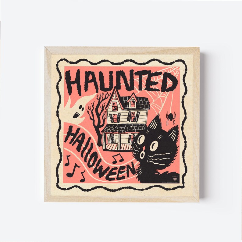 Vintage Style Halloween Record Album Cover 8x8 Cat and Ghost Giclee Art ...