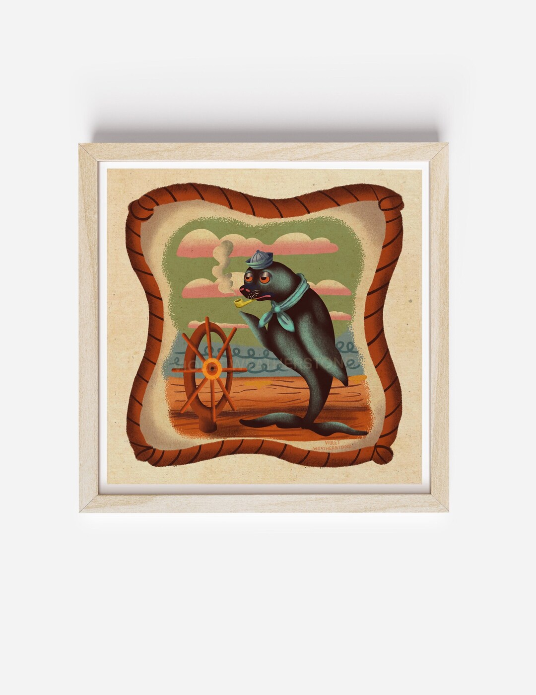 Nautical Seal Sailor Shipmate 8”x8” Giclee Art Print, Mid Century ...