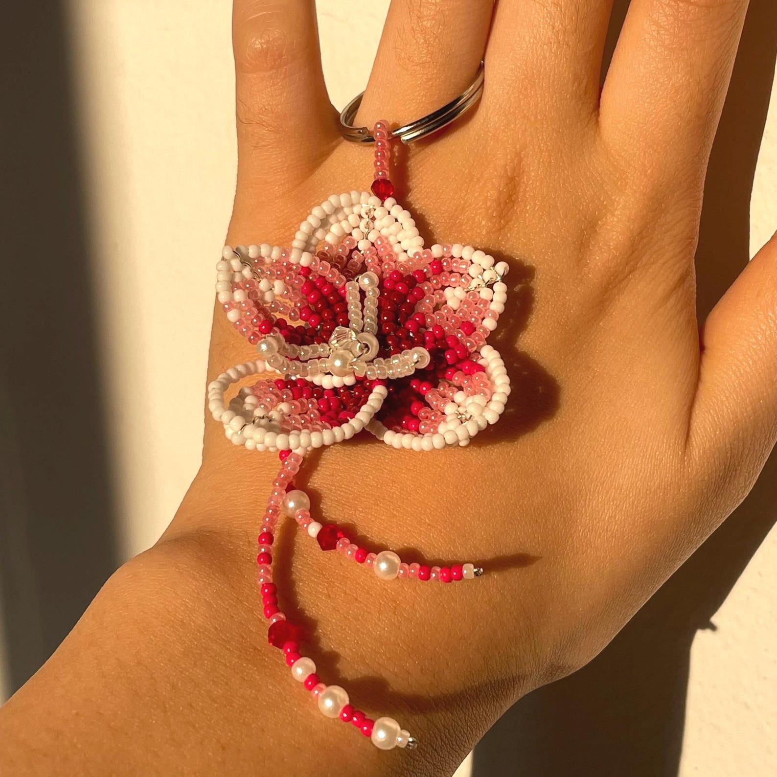 Beaded Pink Orchid Keychain, Beads Handmade Bag Charm, Flower Beads ...
