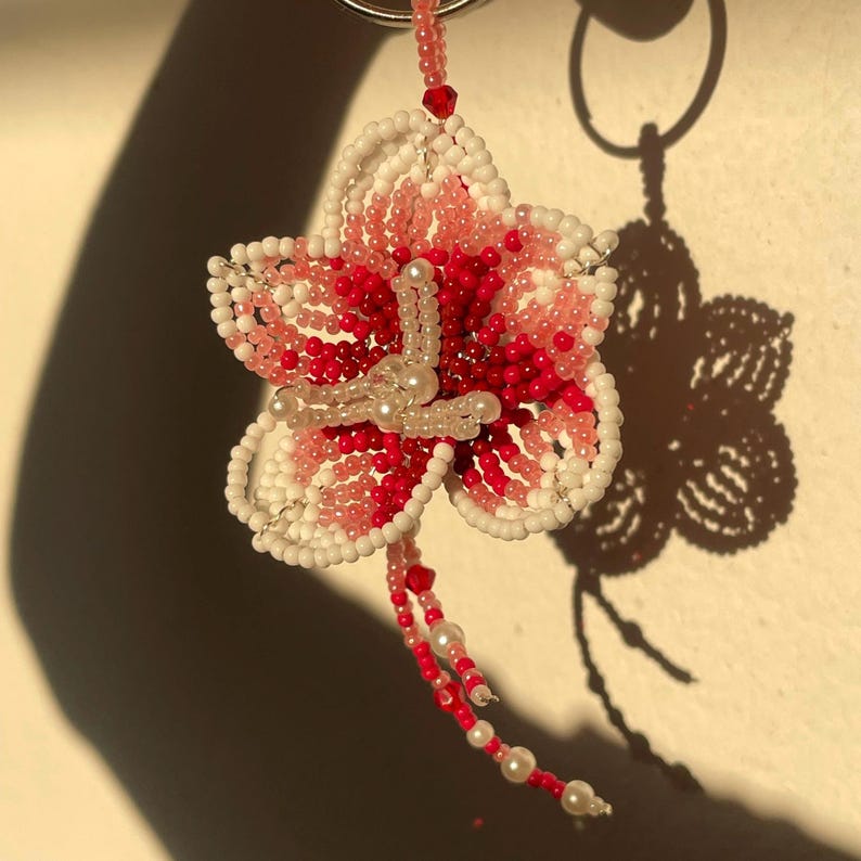 Beaded Pink Orchid Keychain, Beads Handmade Bag Charm, Flower Beads ...