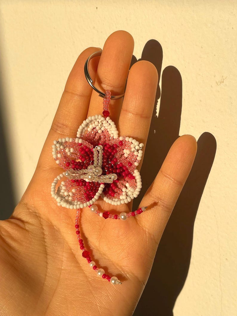 Beaded Pink Orchid Keychain, Beads Handmade Bag Charm, Flower Beads ...