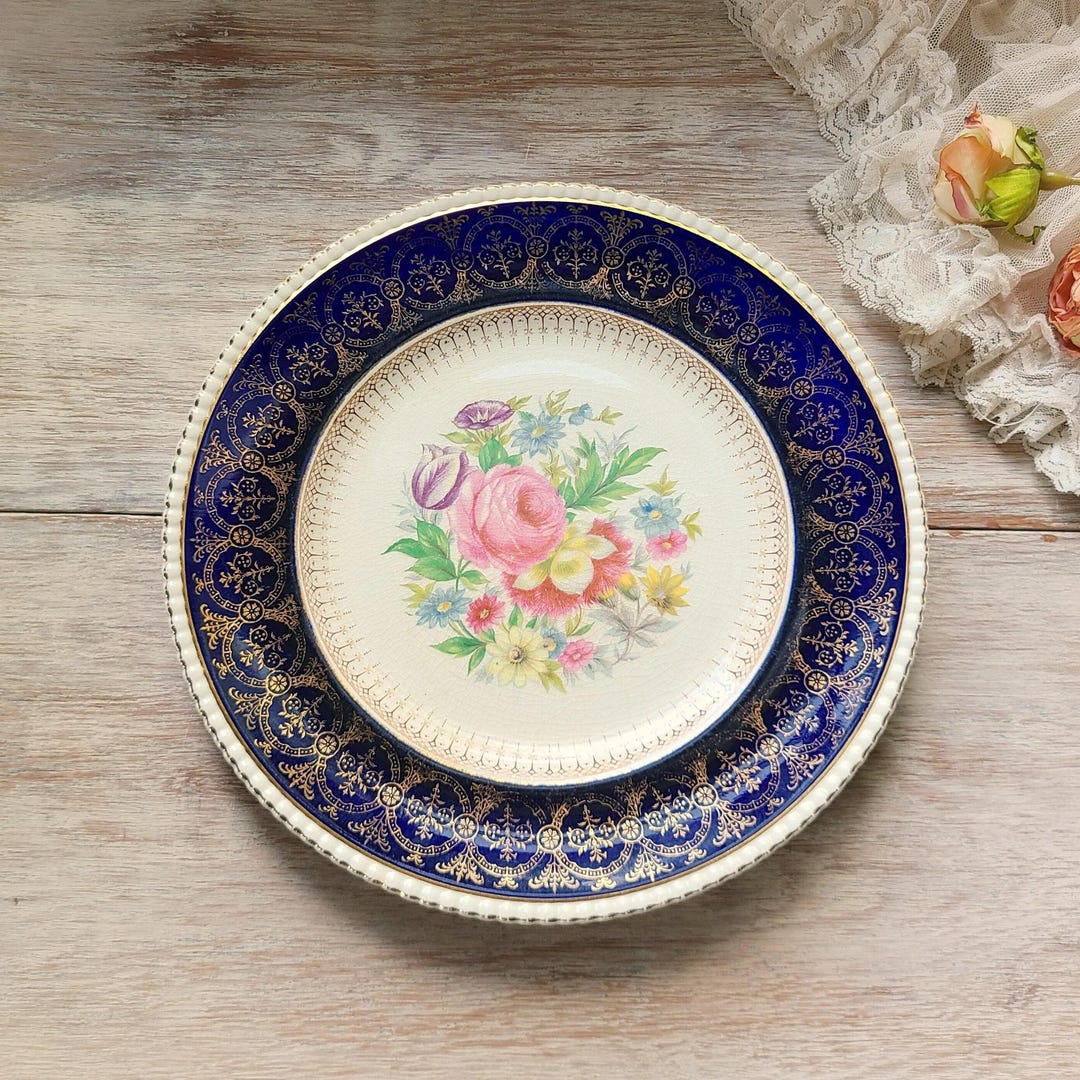 Vintage Simpsons Potters Dinner Plates: Cobalt Blue, Gold Filigree ...