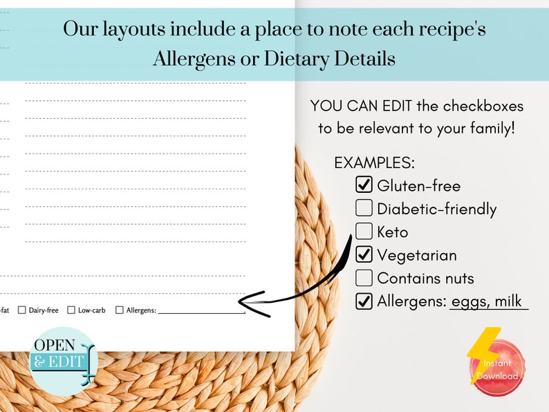Editable Recipe Template, Printable Recipe Page, Personalized Cookbook ...