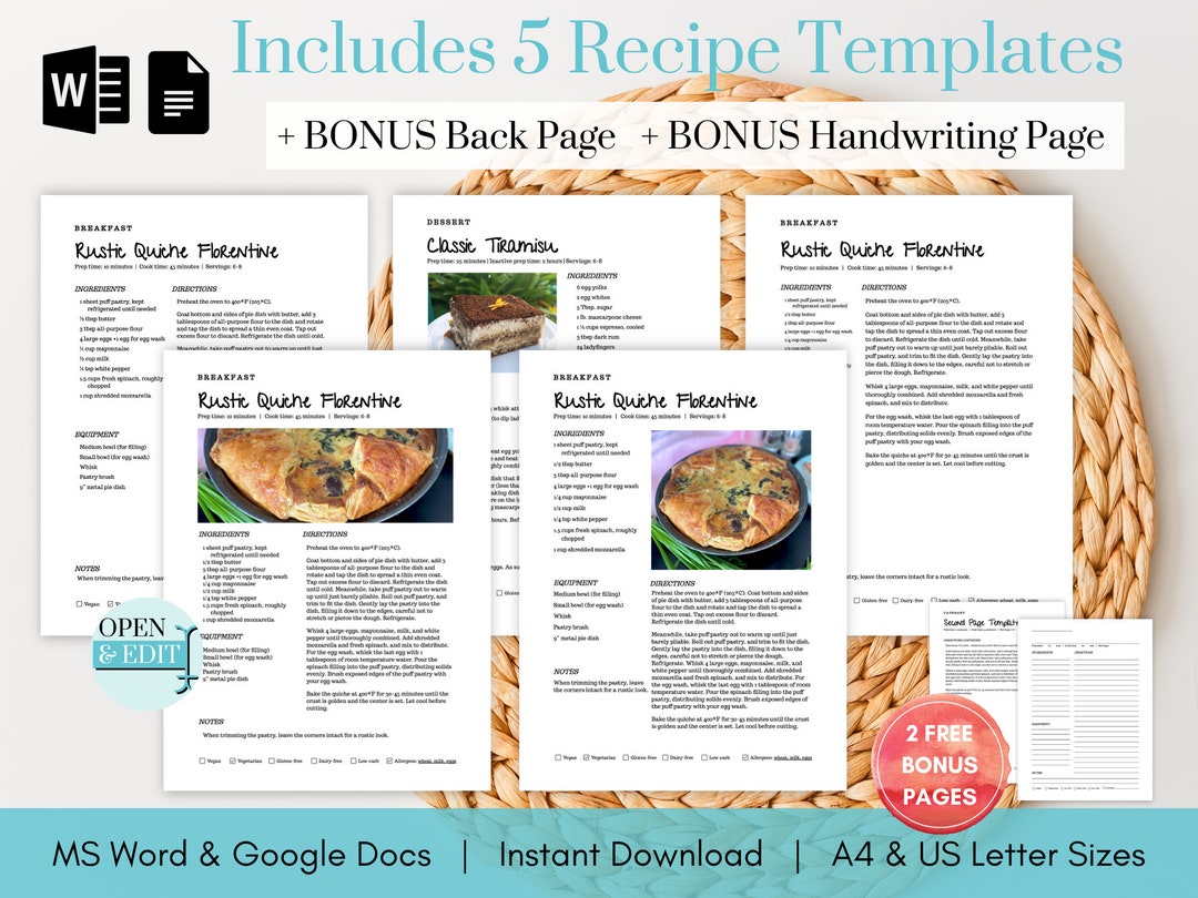 Editable Recipe Template Word, Printable Recipe Book, Cookbook Template ...