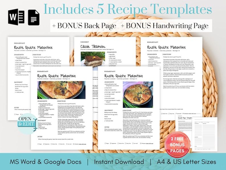 Editable Recipe Template Word, Printable Recipe Book, Cookbook Template ...