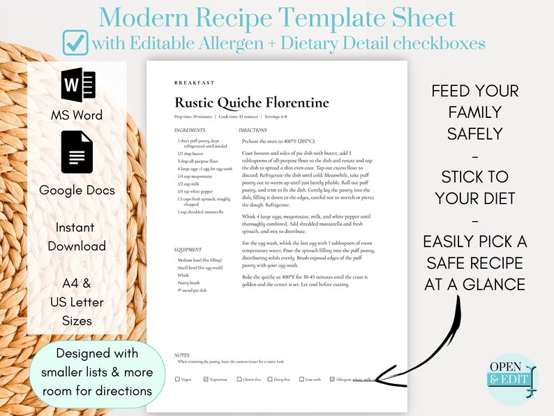 Editable Recipe Template Word, Printable Recipe Book, Cookbook Template ...