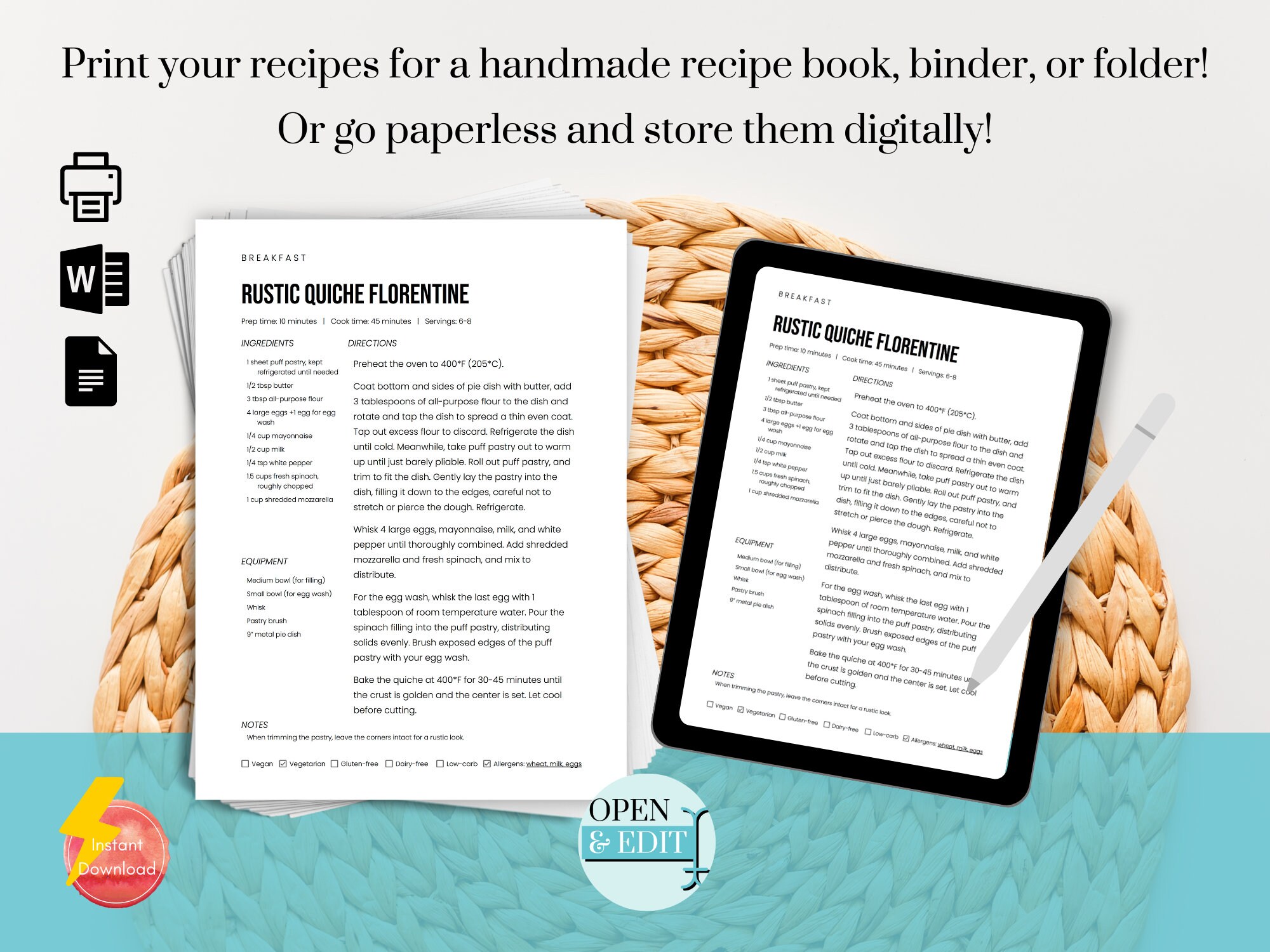 Editable Recipe Template Word, Printable Recipe Book, Cookbook Template ...