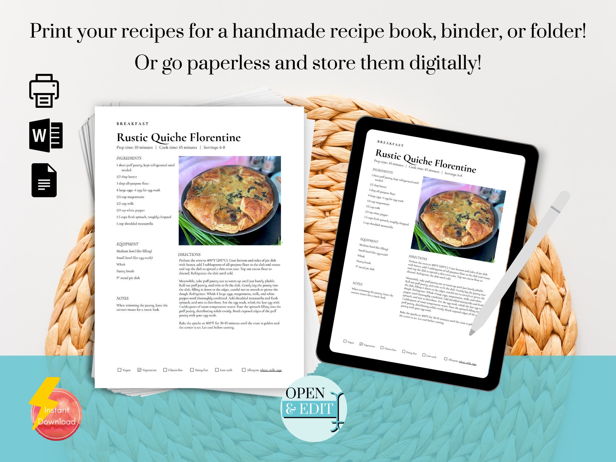 Editable Recipe Template Word Printable Recipe Book Cookbook - Etsy