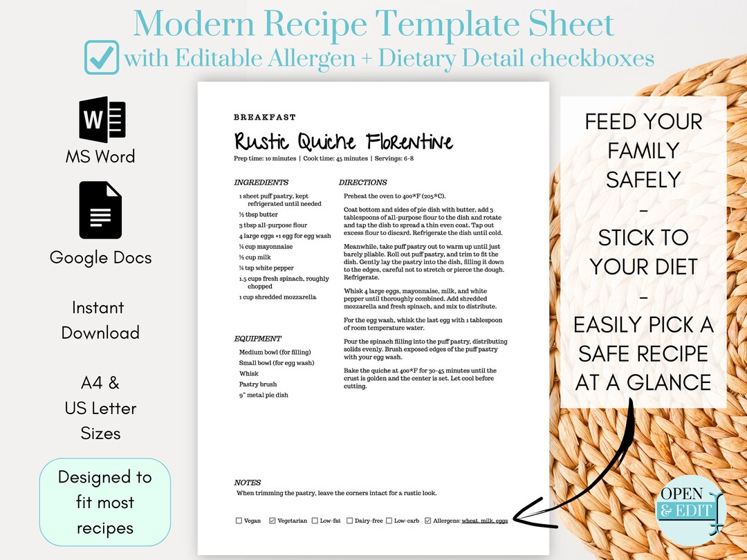 Editable Recipe Template Word, Printable Recipe Book, Cookbook Template ...