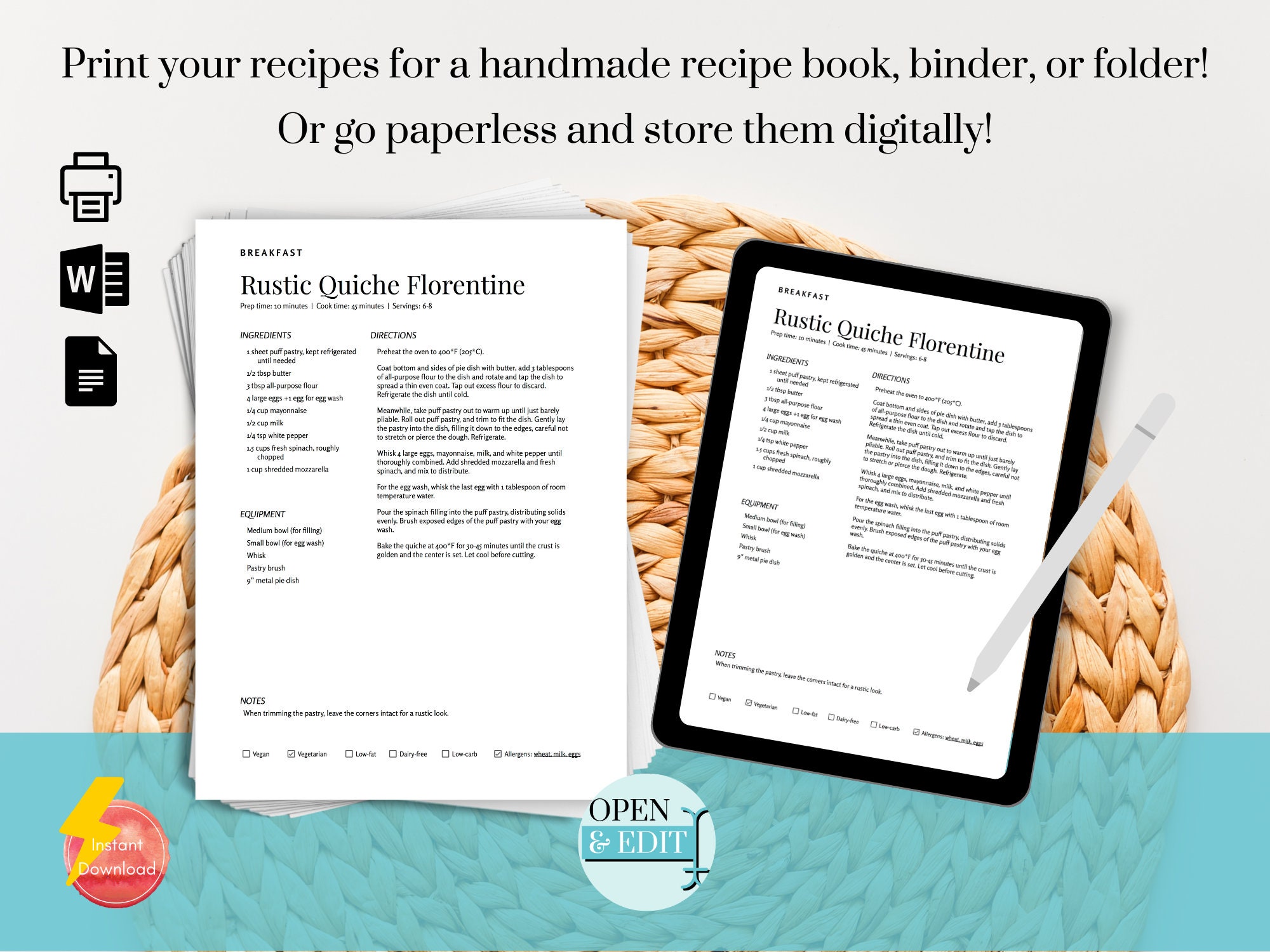 Editable Recipe Template Word, Printable Recipe Book, Cookbook Template ...