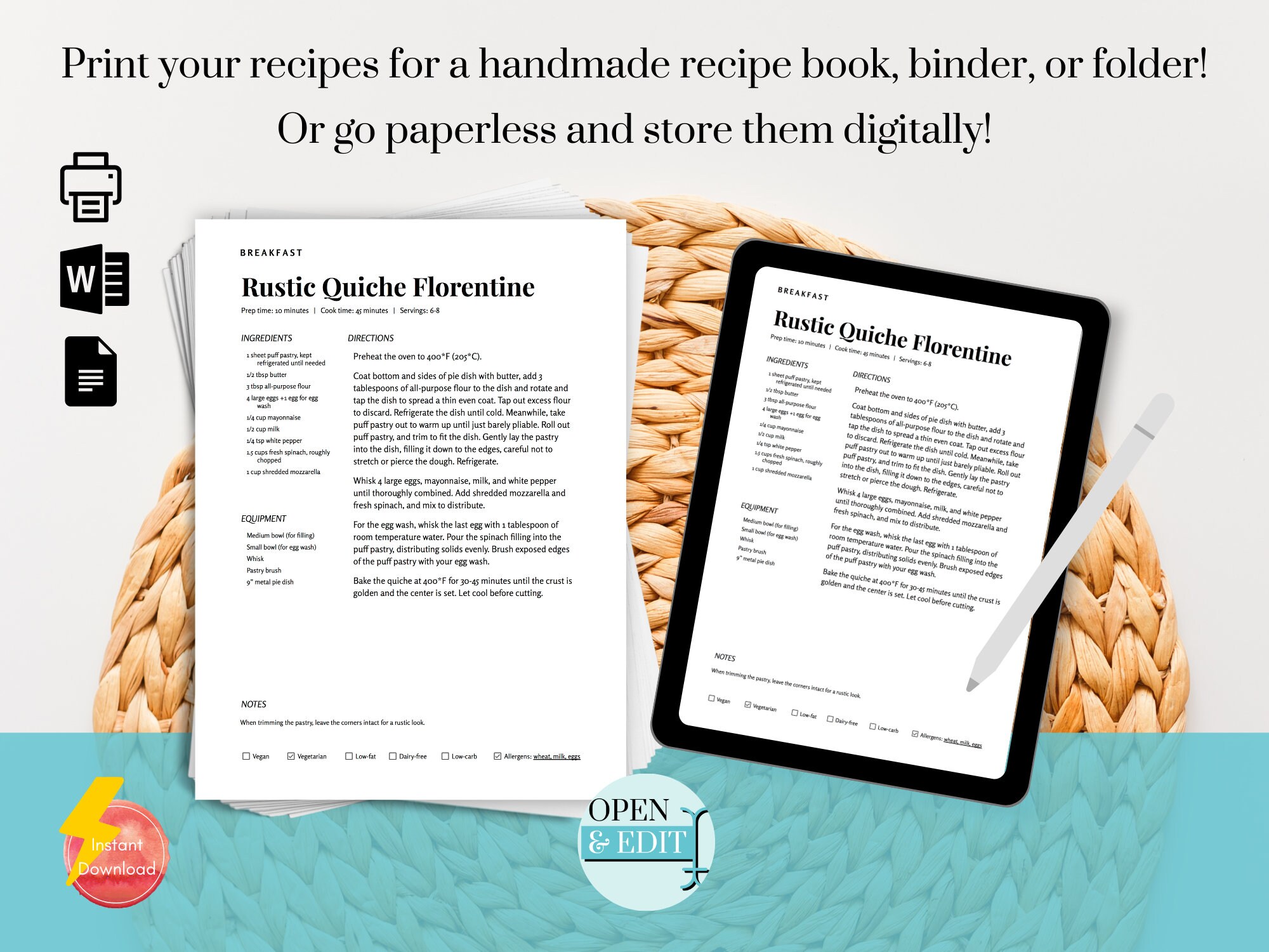 Editable Recipe Template Word, Printable Recipe Book, Cookbook Template ...