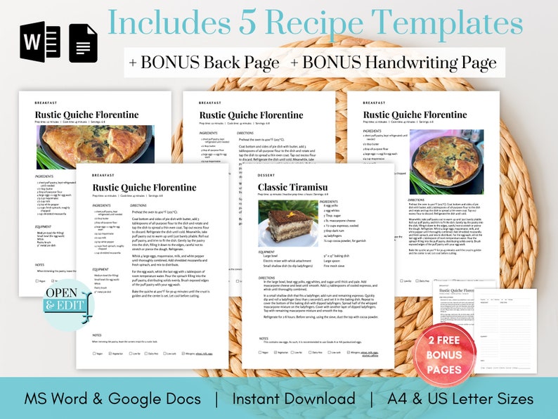 Editable Recipe Template Word, Printable Recipe Book, Cookbook Template ...
