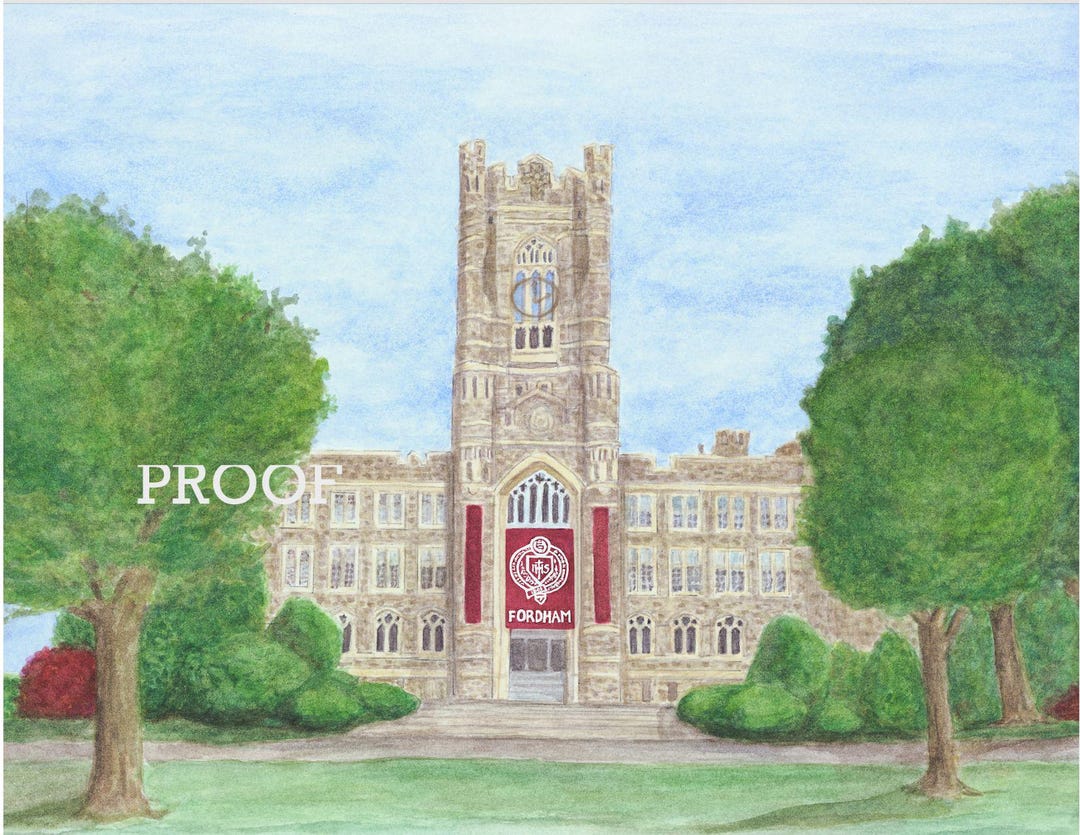 Fordham University - Keating Hall, Rose Hill Hand-painted Watercolor ...