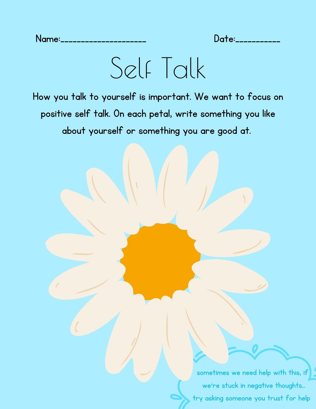 Positive Self Talk Worksheet - Etsy