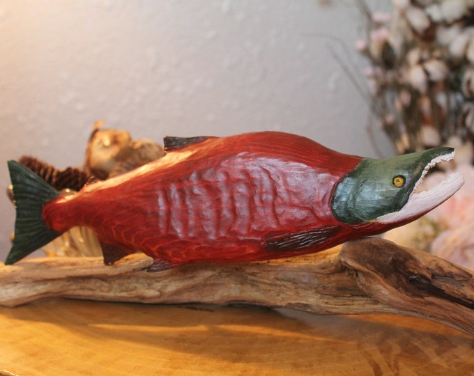 Hand Carved Wooden Alaskan Red Salmon - Etsy