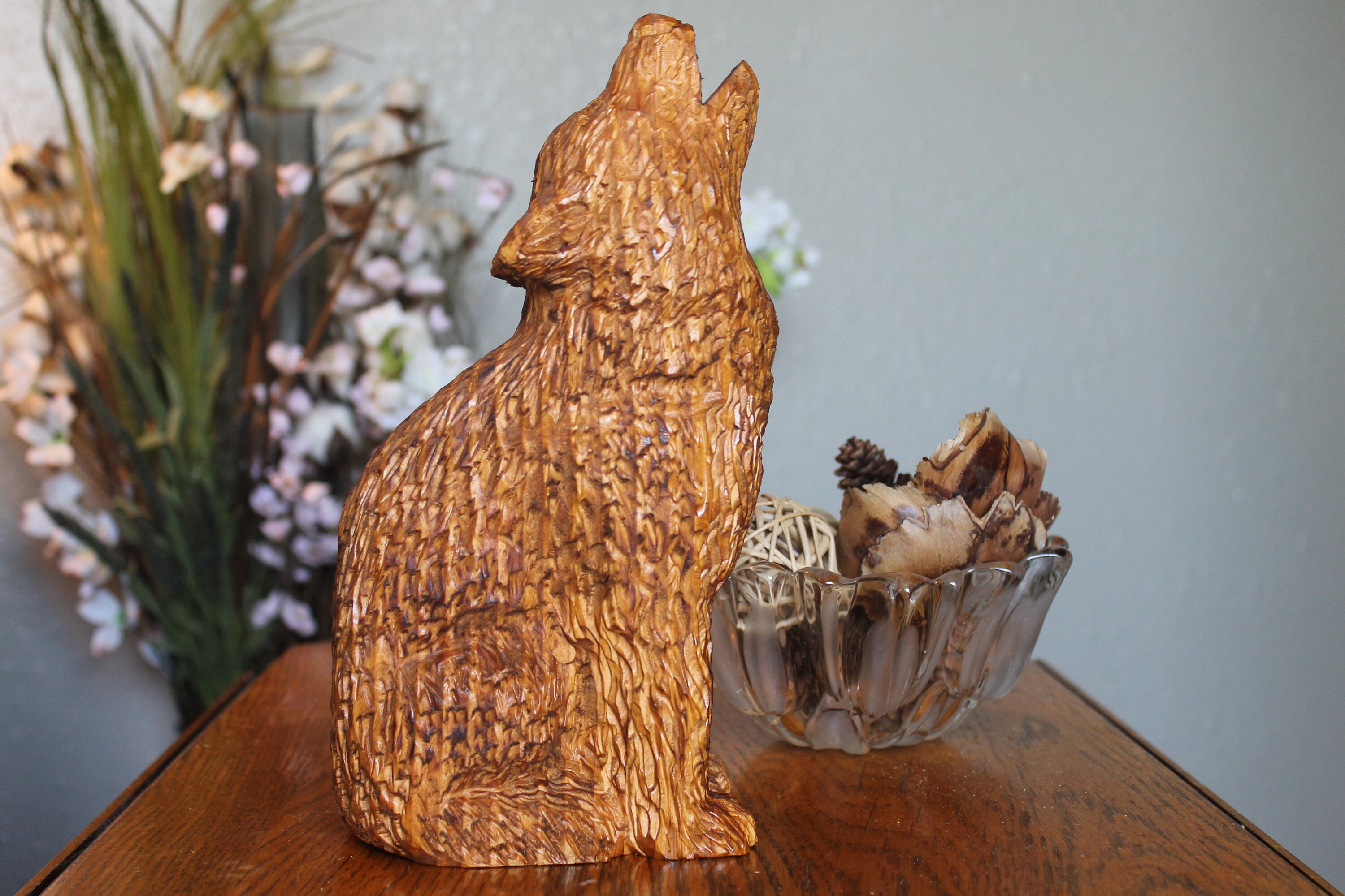 Hand Carved Wooden Howling Wolf Statue - Etsy
