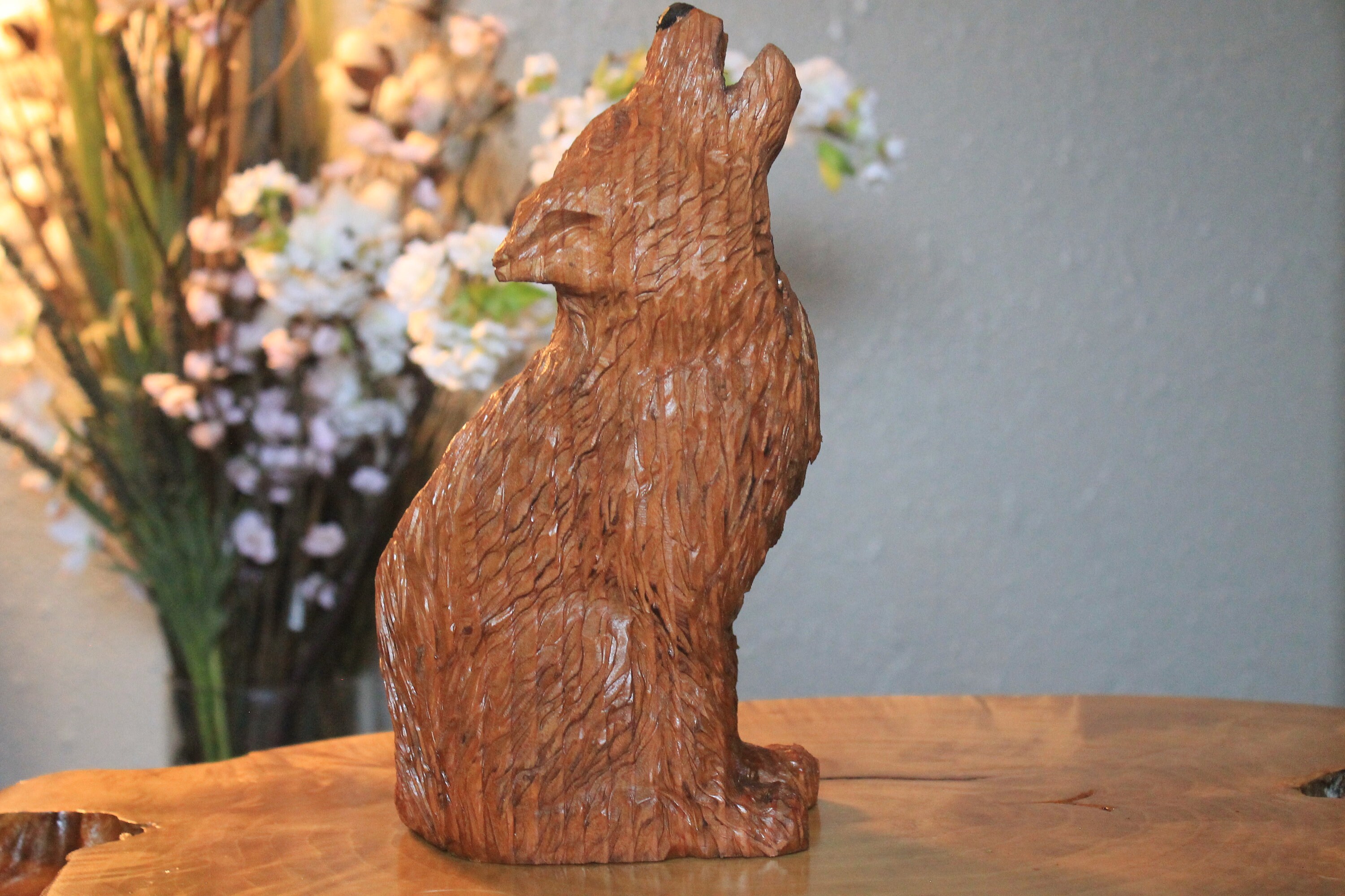 Hand Carved Wooden Howling Wolf Statue - Etsy