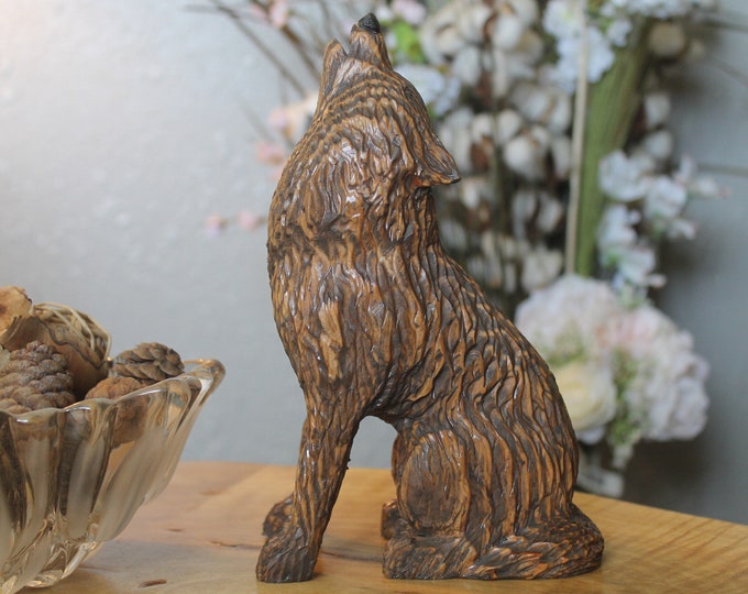 Hand Carved Wooden Howling Wolf Statue - Etsy
