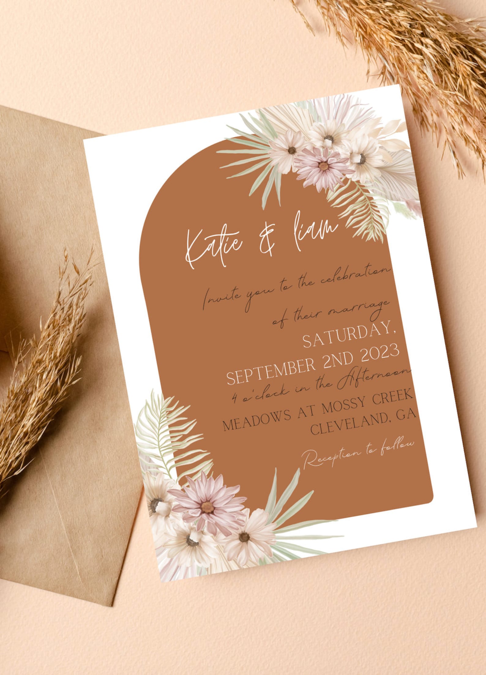 Boho Wedding Invitation Pampas Grass Wedding Invitation Bohemian ...