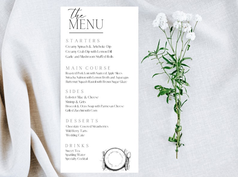 Editable Wedding Menu, Custom Menu for Weddings, Minimal Wedding Menu ...