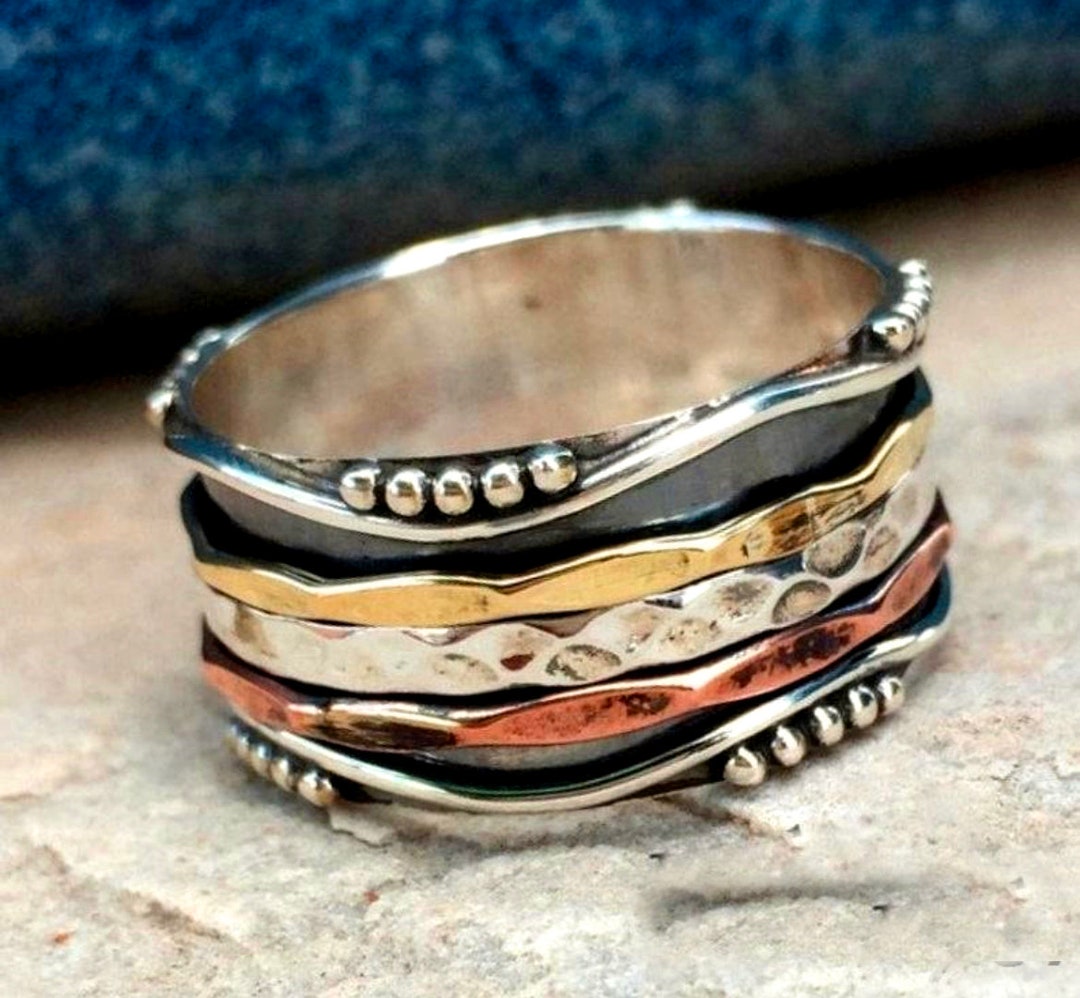 Spinner Ring for Women, Sterling Silver Ring, Worry Ring, Three Band ...