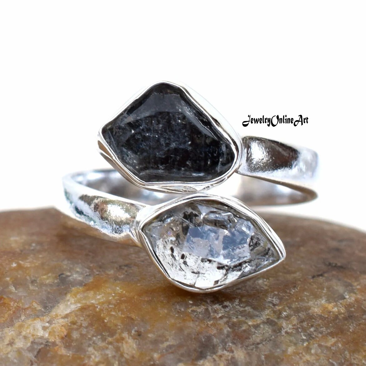 Herkimer Diamond Black Tourmaline Ring-Adjustable (Size