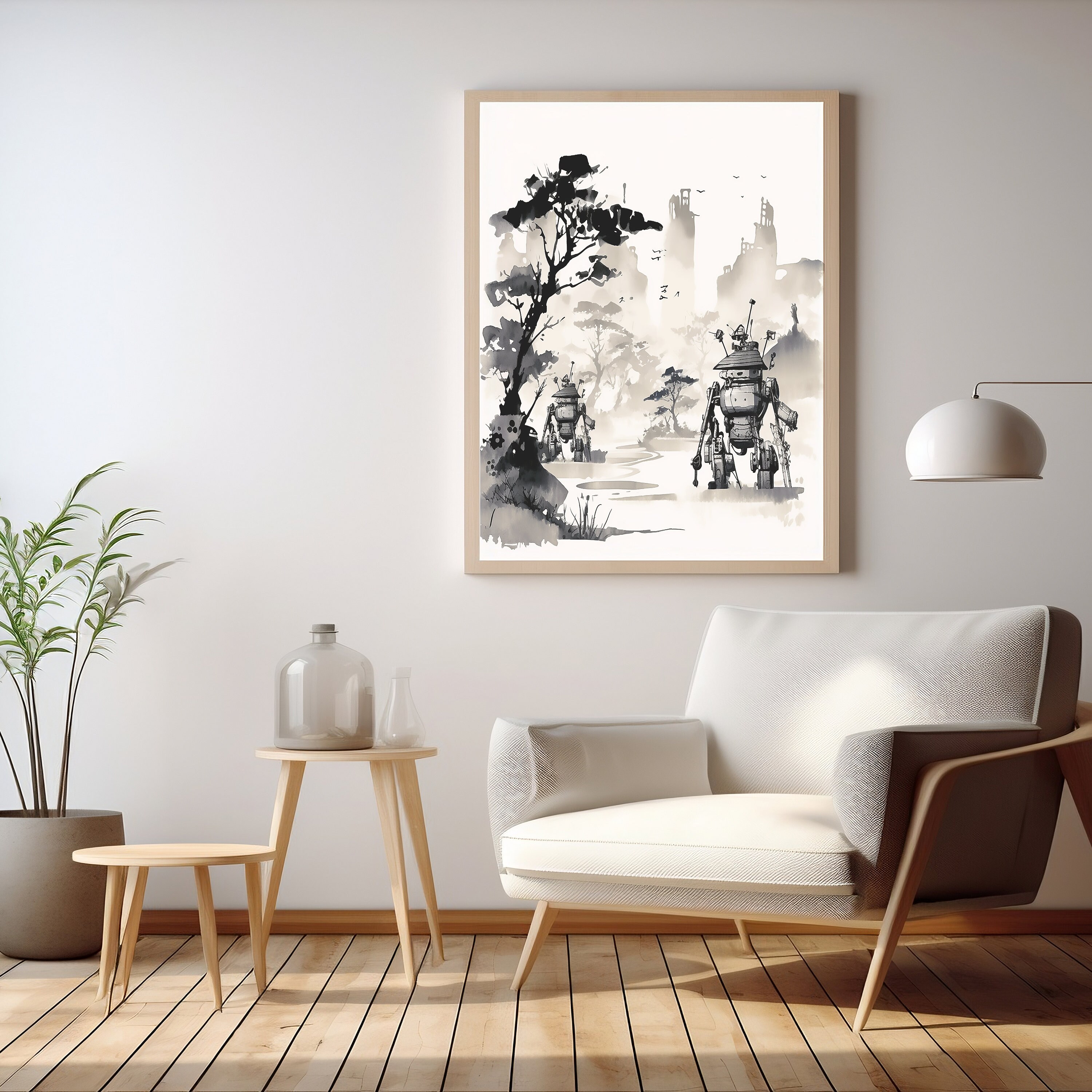 Japanese Ink Painting Sumi-e Robots, Wall Art, Print, Room Decor - Etsy