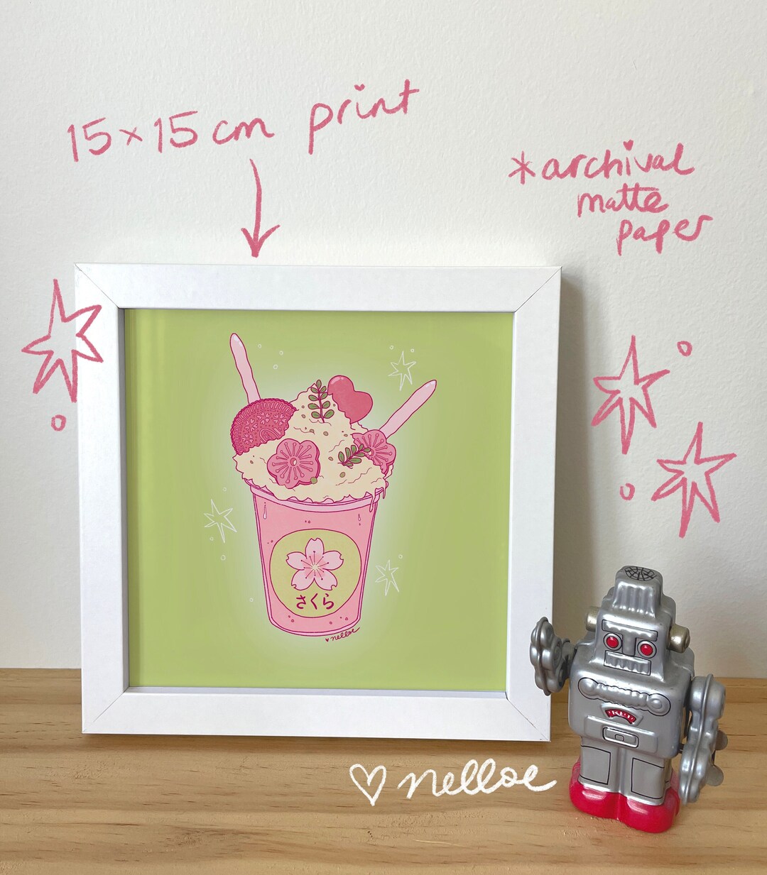Sakura Iced Latte Square Art Print | Kawaii Street Food - Etsy