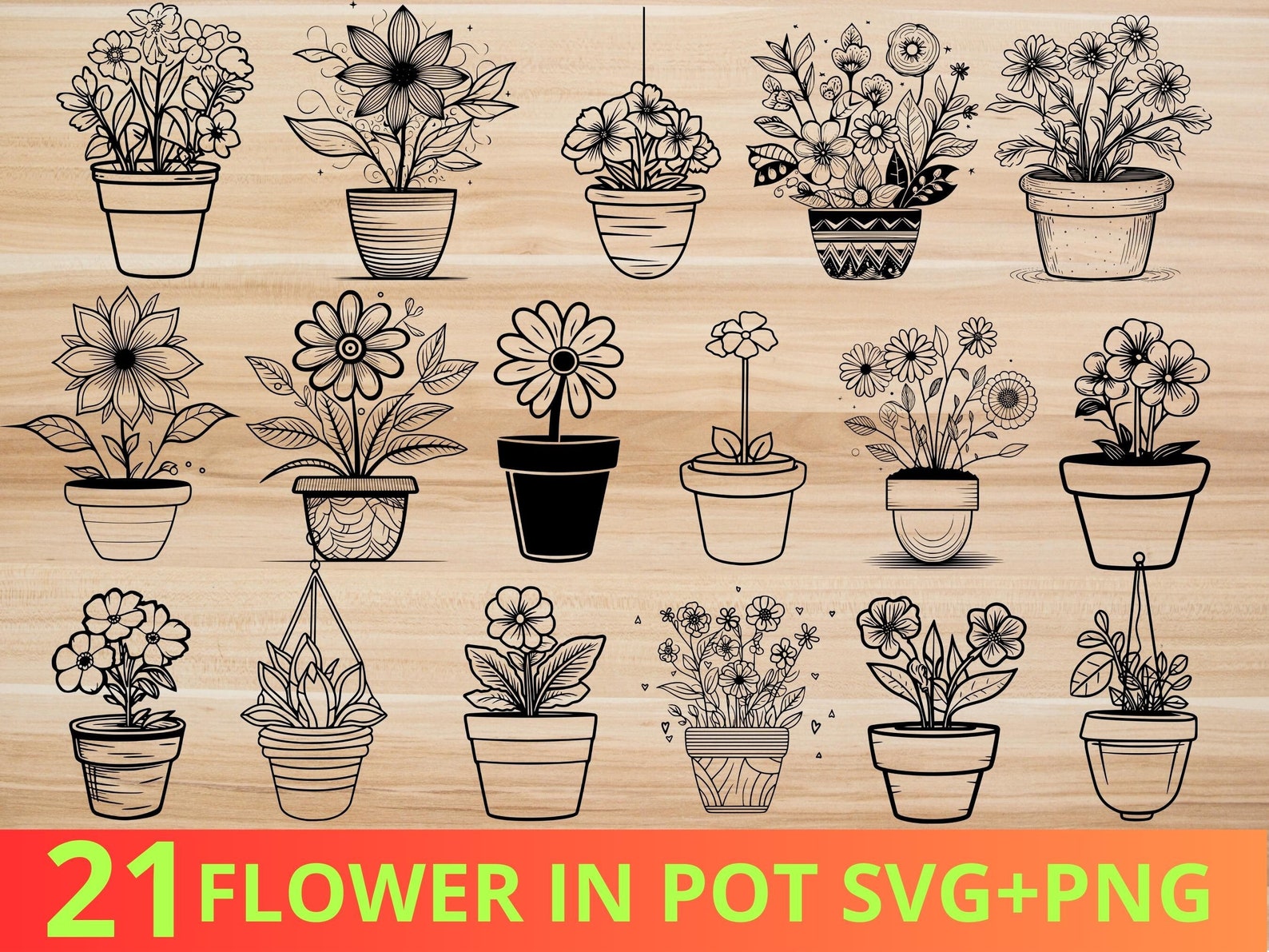 Flowers in Pot SVG and PNG Bundle Black and White Flower Art Nature Svg ...