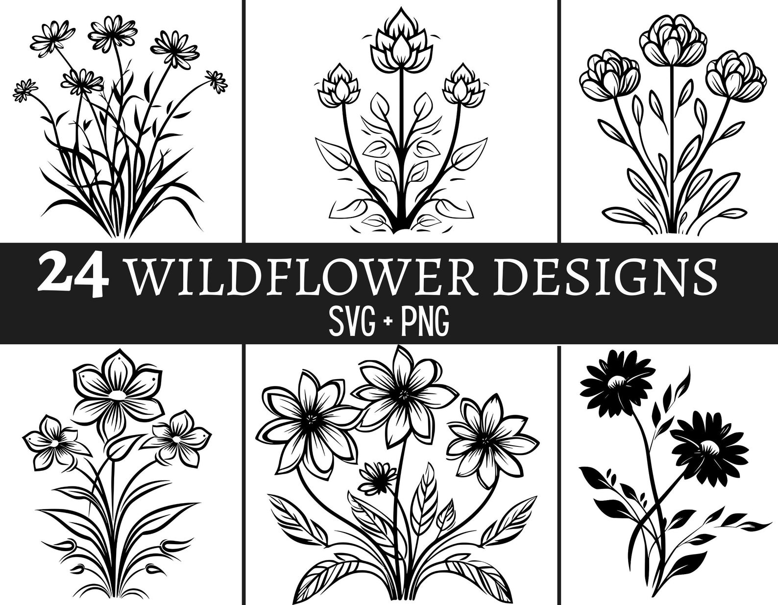 24 Wildflower SVG Bundle - Wildflower Clipart Black and White PNG ...
