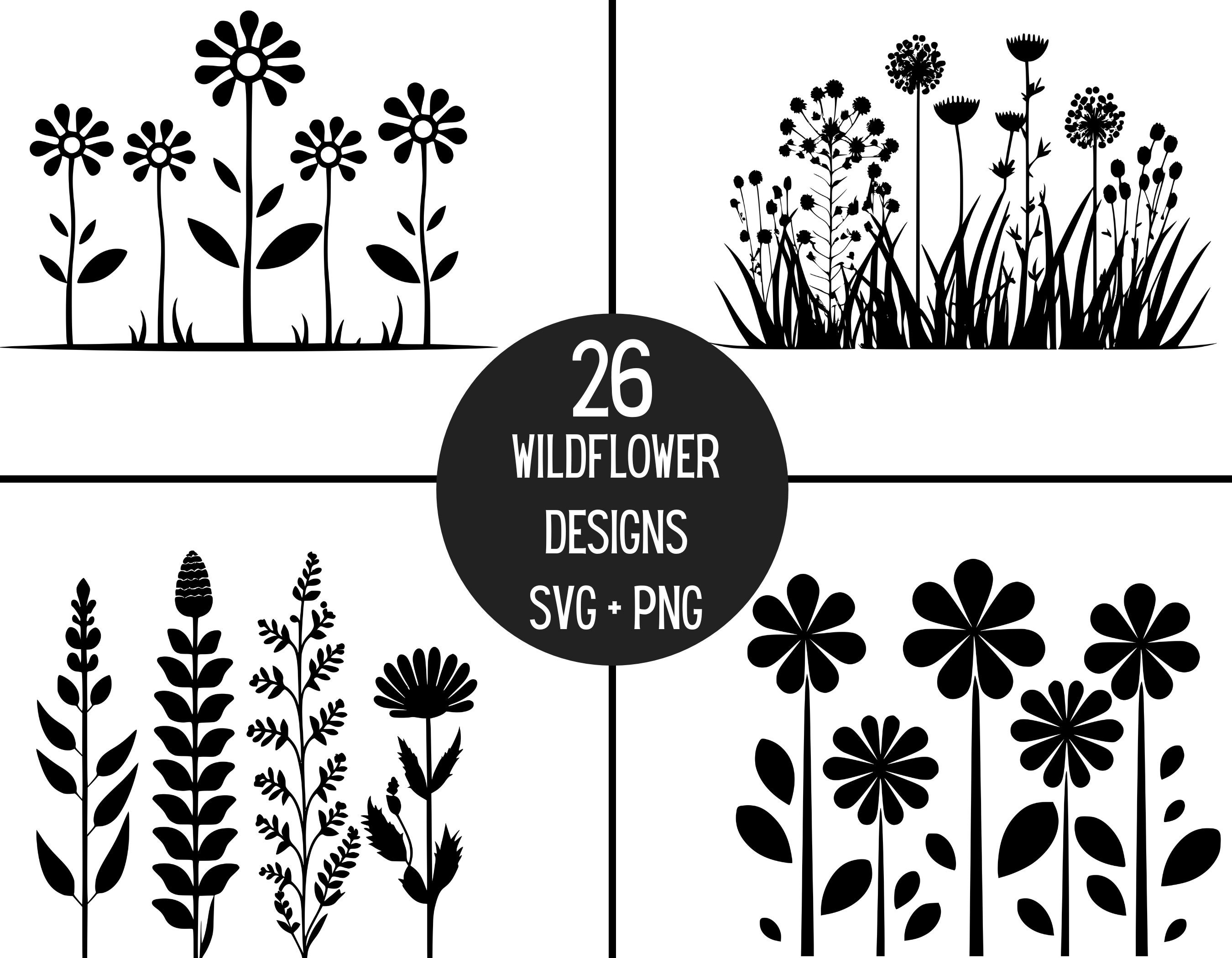 Black and White Wildflower SVG and PNG Bundle - Row of Wildflowers Svg ...