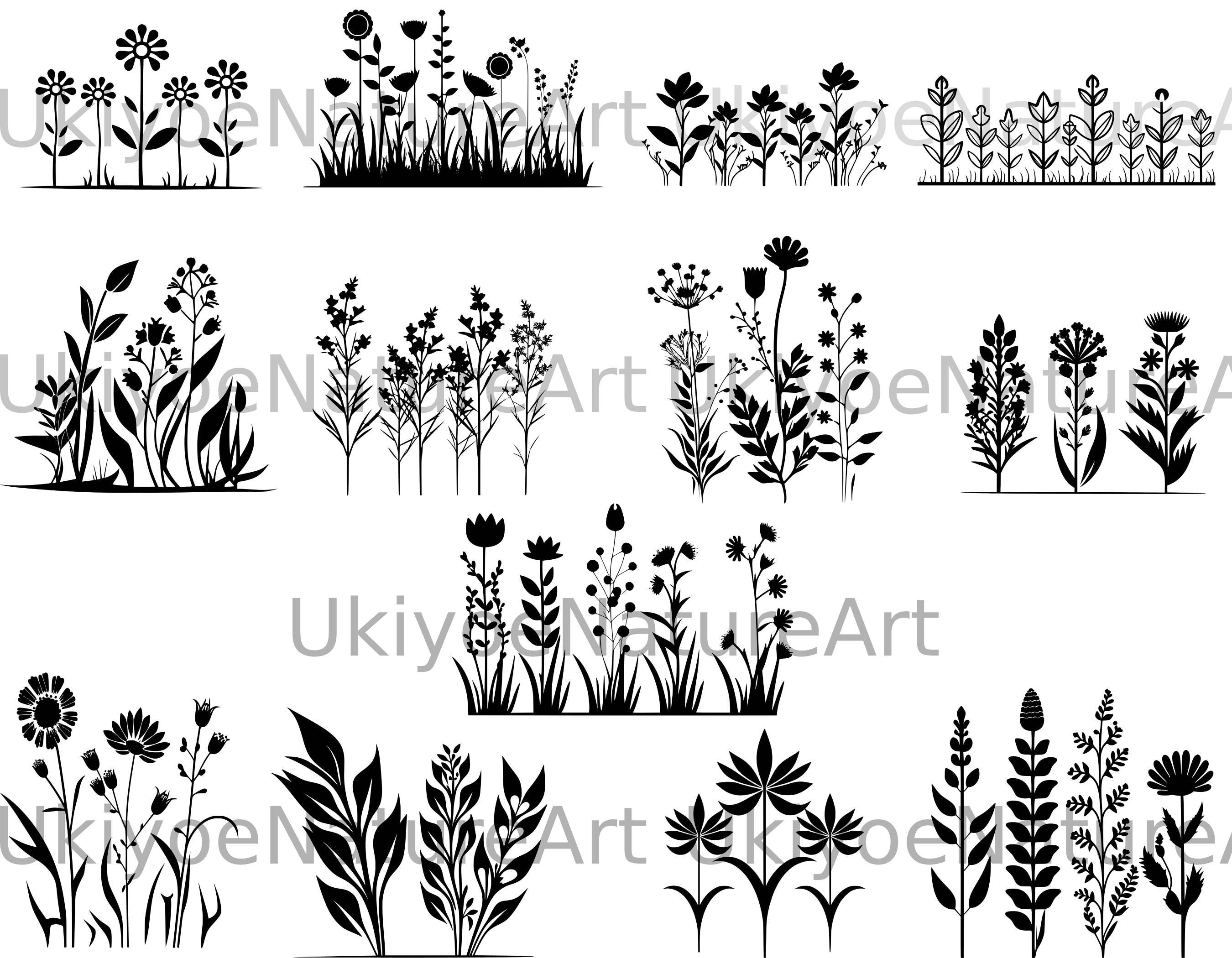 Black and White Wildflower SVG and PNG Bundle - Row of Wildflowers Svg ...