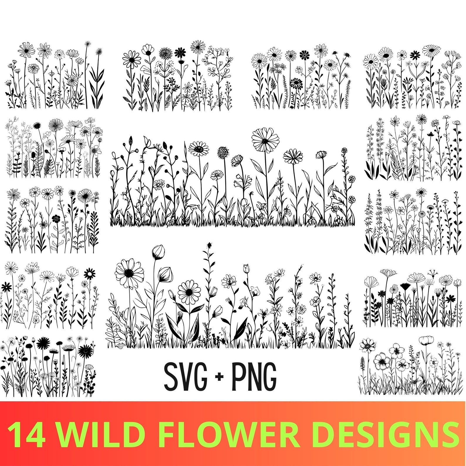 Wildflowers SVG and PNG Bundle - Black and White Wildflower Art ...