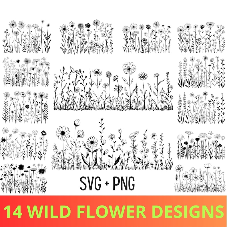 Wildflowers SVG and PNG Bundle - Black and White Wildflower Art ...