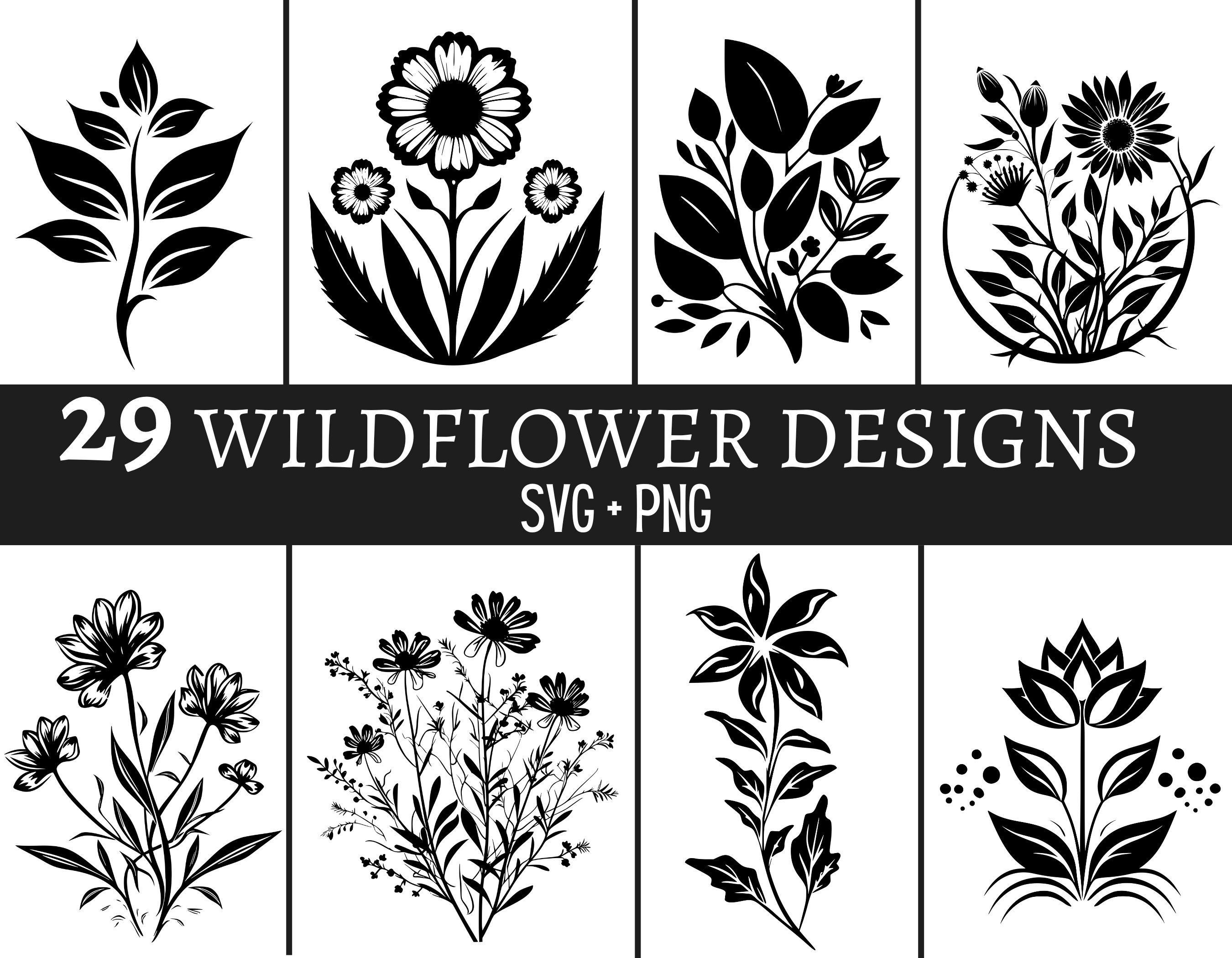29 Wildflower Logo SVG Designs - Wildflowers Row Svg - Black and White ...